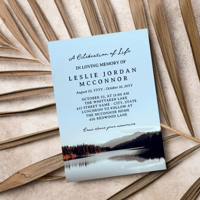 Calm Mountain Lake Celebration of Life Invitation | Zazzle
