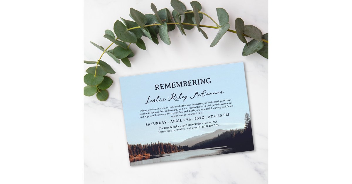 Calm Mountain Lake Remembering Death Anniversary Invitation | Zazzle