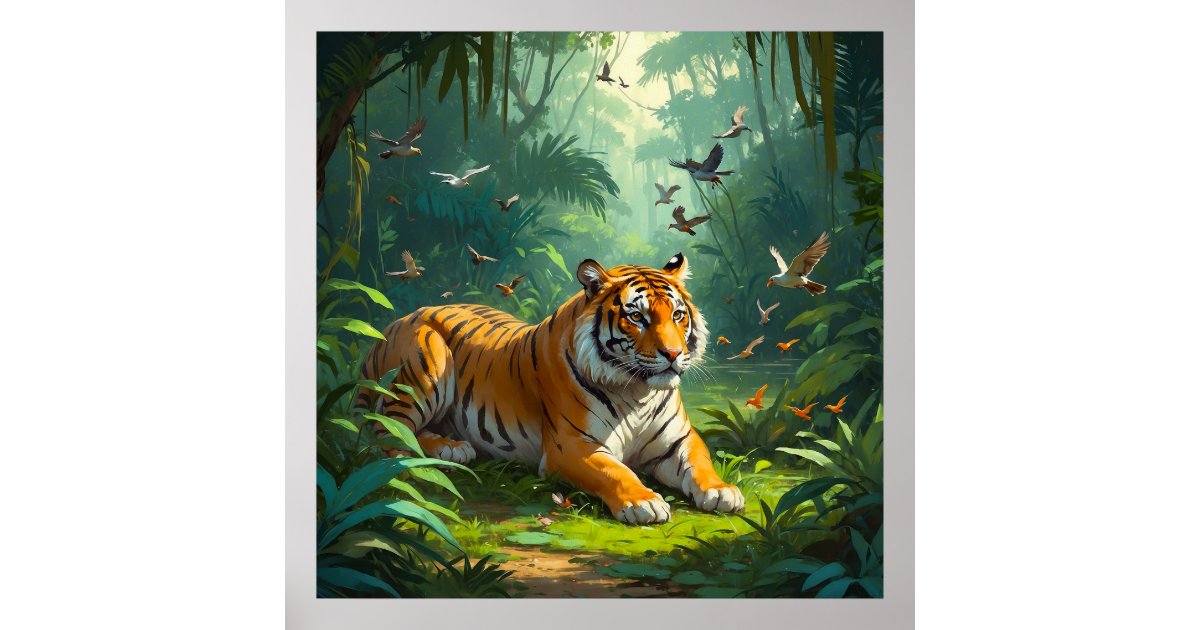 Calm Tiger Lying in Jungle with Birds Painting Poster | Zazzle