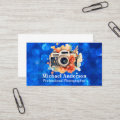 Camera and Flowers | Blue Bokeh Business Card | Zazzle
