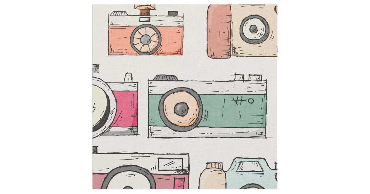 Camera Print Hand Drawn Pattern Colorful Novelty Fabric | Zazzle