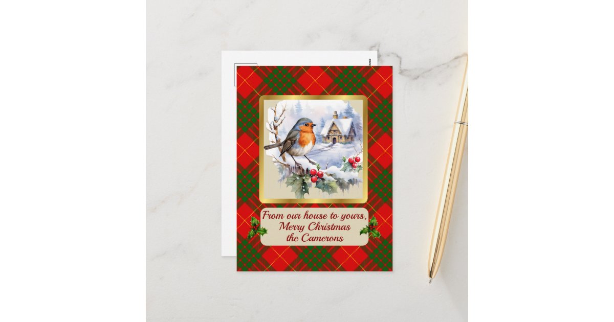 Cameron Tartan w/Robin Personalized Holiday Postcard | Zazzle
