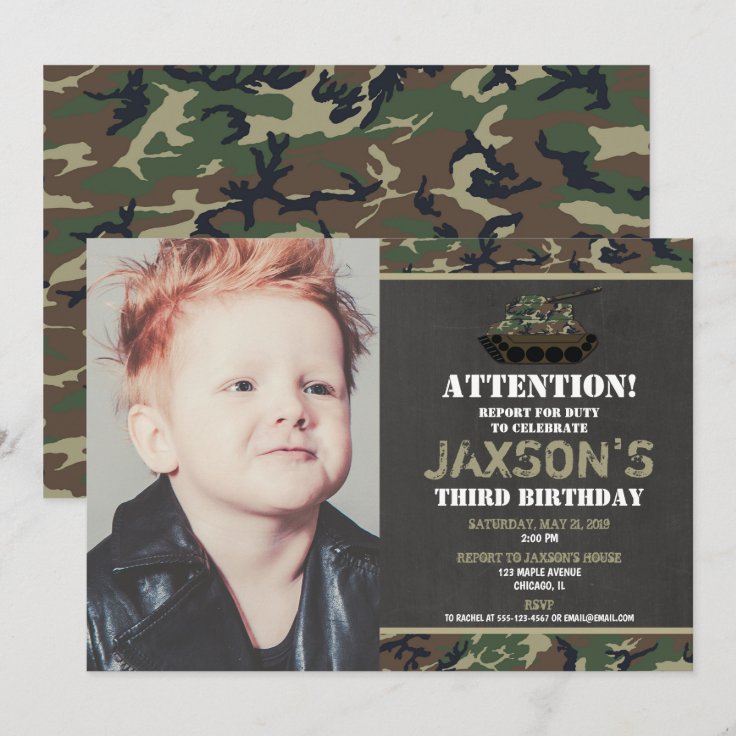 Camo Army tank Camouflage birthday photo Invitation | Zazzle
