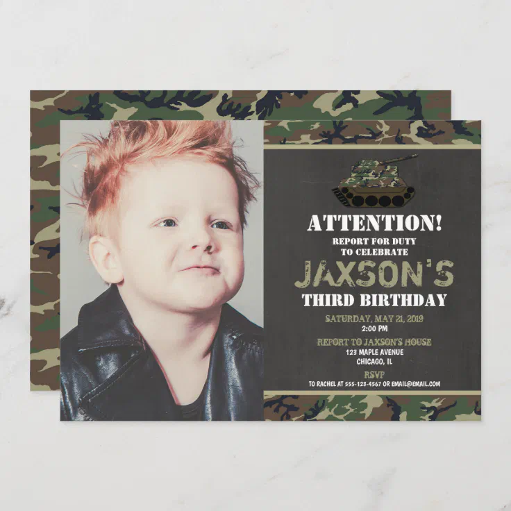Camo Army tank Camouflage birthday photo Invitation | Zazzle