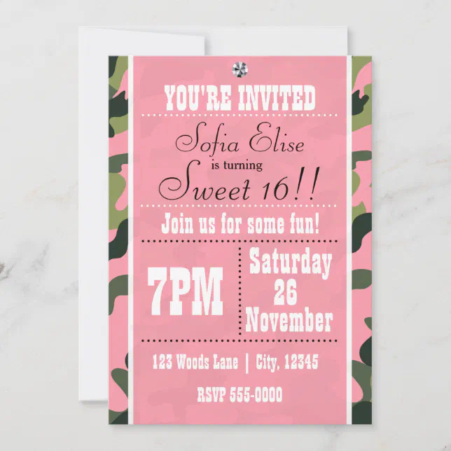 Camo Camouflage & Pink Birthday Party Invitation | Zazzle