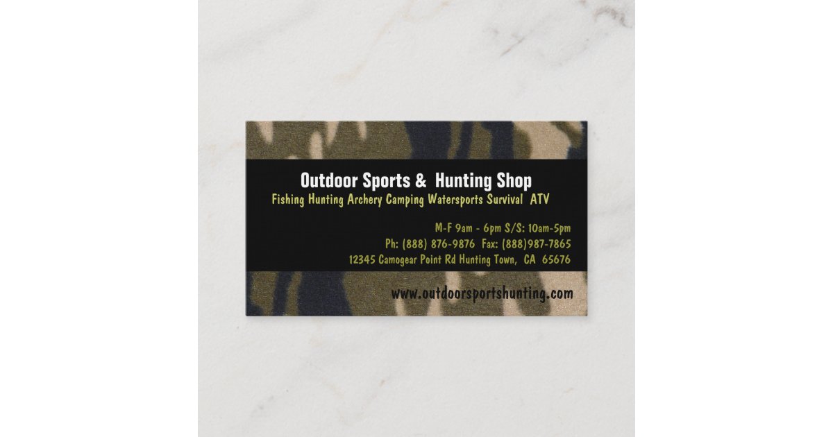 Camo Print Sportsman Hunting Outdoor Supplies Shop Business Card | Zazzle