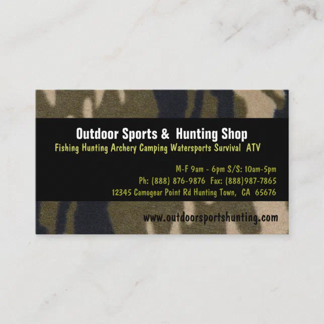 Camo Print Sportsman Hunting Outdoor Supplies Shop Business Card | Zazzle