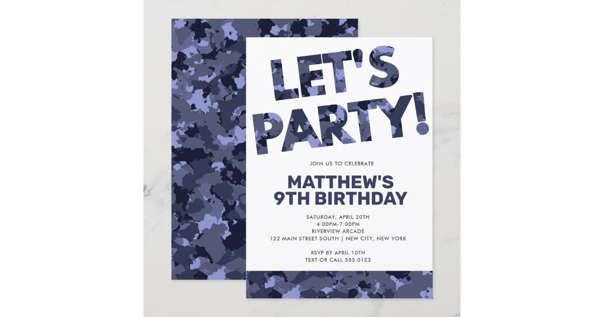 Camouflage Birthday, Let's Party Blue Camo Invitation | Zazzle