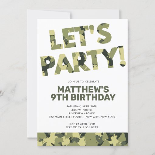 Camouflage Birthday, Let's Party Green Camo Invitation | Zazzle