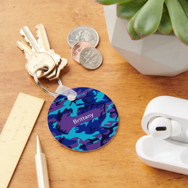 Camouflage Dark Blue & Purple Pattern Add Name Keychain | Zazzle