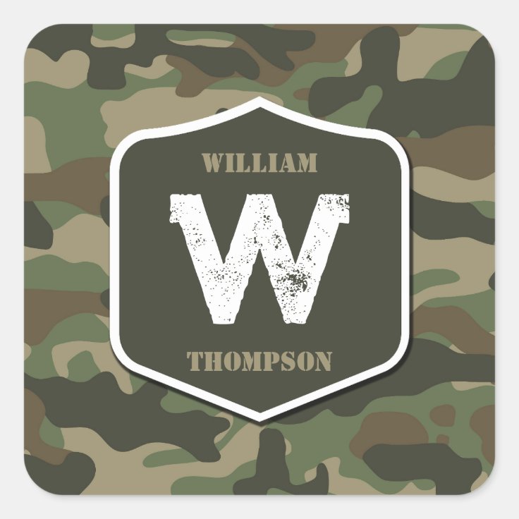 Camouflage Green Camo Army Pattern Monogram Square Sticker | Zazzle