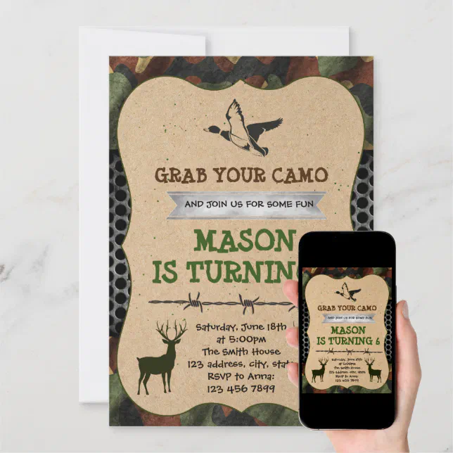 Camouflage hunting party invitation | Zazzle