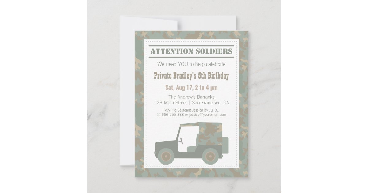 Camouflage Military Print Army Birthday Party Invitation | Zazzle