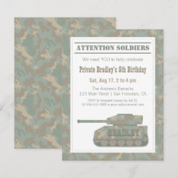 Camouflage Military Print Army Tank Birthday Party Invitation | Zazzle