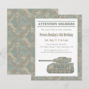 Camouflage Military Print Army Tank Birthday Party Invitation | Zazzle