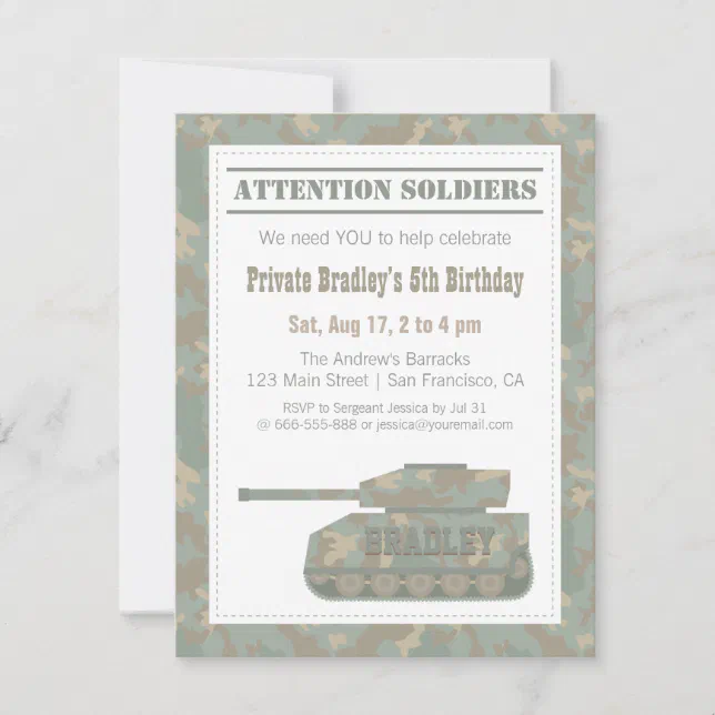 Camouflage Military Print Army Tank Birthday Party Invitation | Zazzle