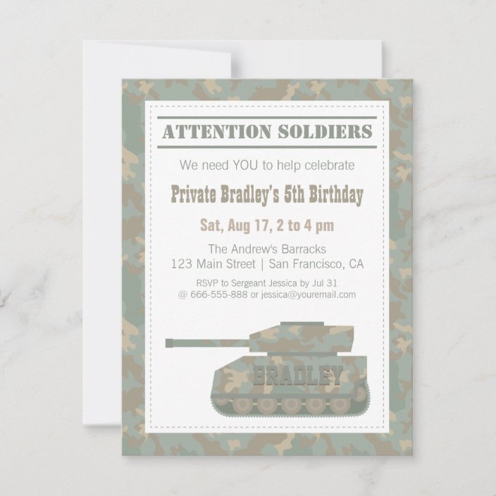Camouflage Military Print Army Tank Birthday Party Invitation | Zazzle.com