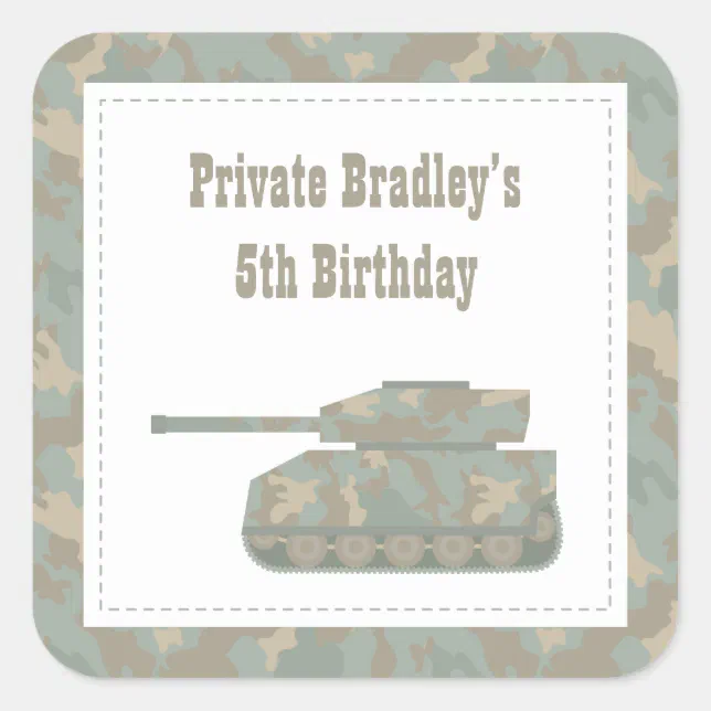 Camouflage Military Print Tank Army Birthday Party Square Sticker | Zazzle