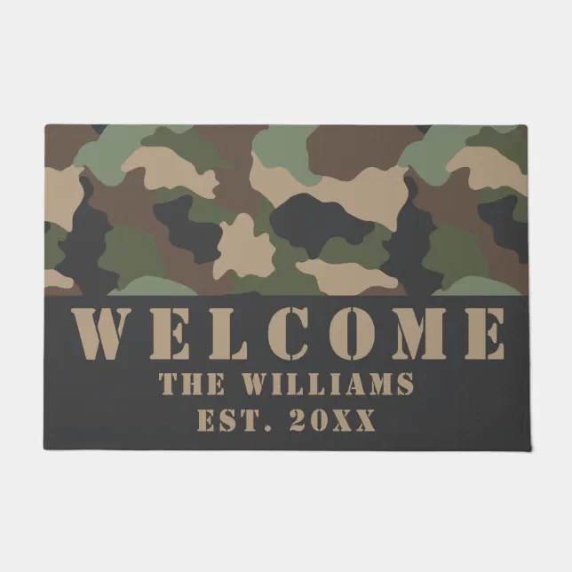 Camouflage Woodland Camo Khaki Black Name Welcome Doormat | Zazzle