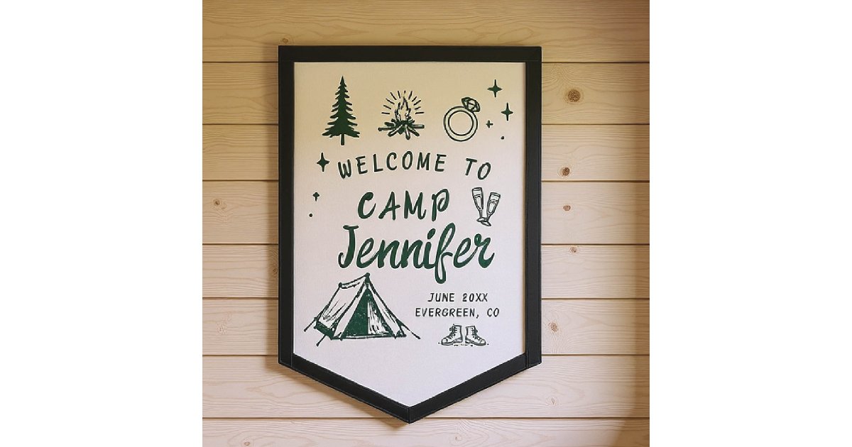 Camp Bachelorette Camping Welcome Green Hand Drawn Pennant | Zazzle
