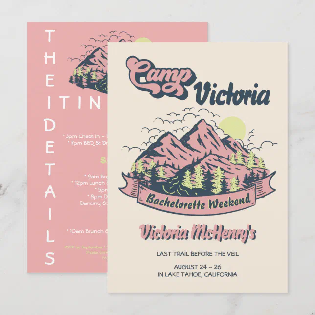 Camp Bachelorette Pink Mountain Girls Weekend Invitation | Zazzle