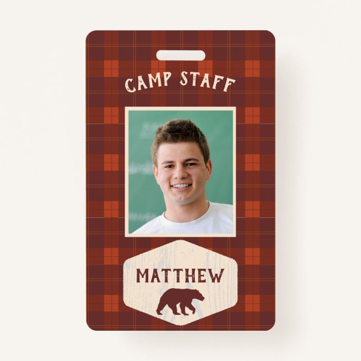 Camp Staff Rustic Flannel and Bear Photo ID Badge | Zazzle.com
