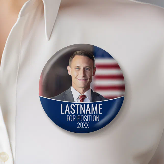 Campaign Photo with color block - Blue and White Button | Zazzle