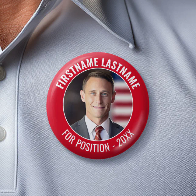 Campaign Photo with curved type - Red and White Button | Zazzle