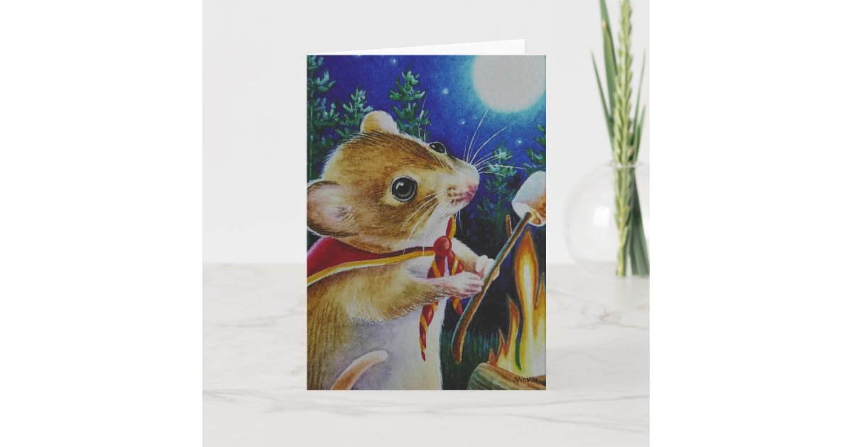 Camper Mouse Roasting Marshmallows Watercolor Art Card | Zazzle