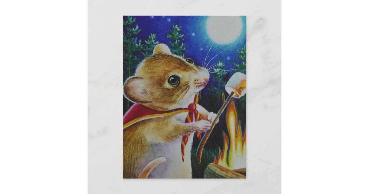 Camper Mouse Roasting Marshmallows Watercolor Art Postcard | Zazzle