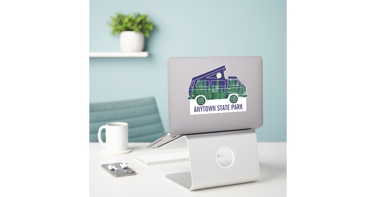 Camper Van with Pop Up Tent Custom Text Graphic Sticker | Zazzle