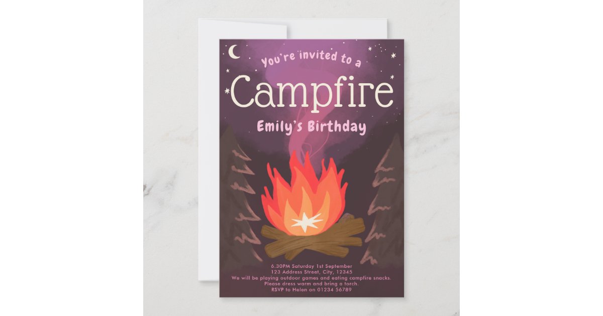 Campfire adventure girls birthday party invitation | Zazzle