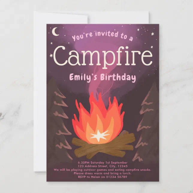 Campfire adventure girls birthday party invitation | Zazzle