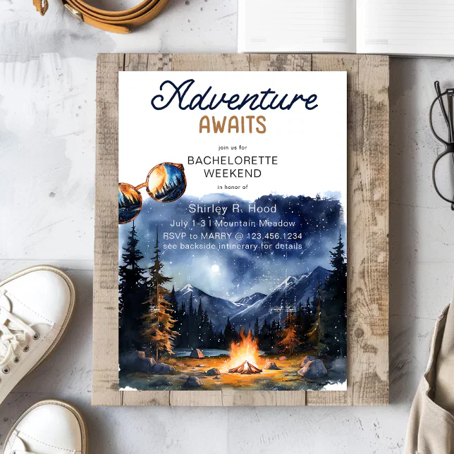 Camping Adventure Awaits Bachelorette Weekend Invitation | Zazzle