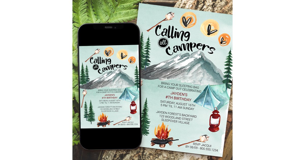 Camping Adventure Calling All Campers Birthday Invitation | Zazzle