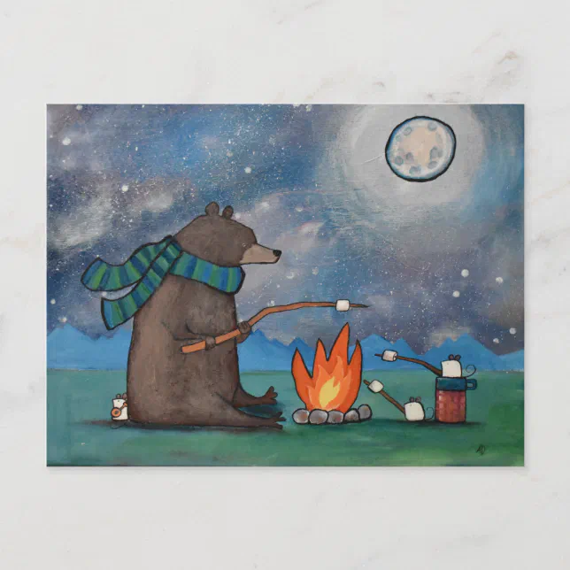 Camping Bear and Mice Roasting Marshmallows Postcard | Zazzle