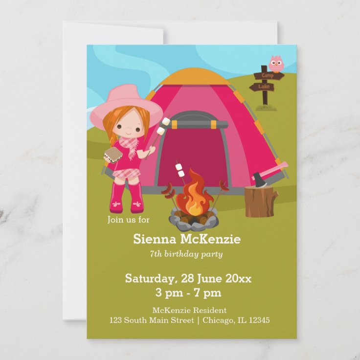 Camping birthday girl invitation | Zazzle
