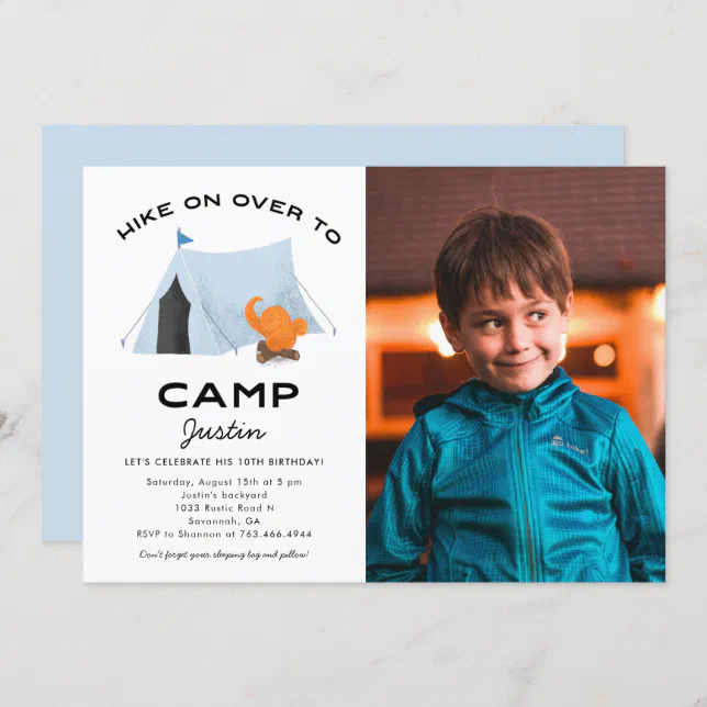Camping Birthday Party Blue Tent Photo Invitation | Zazzle