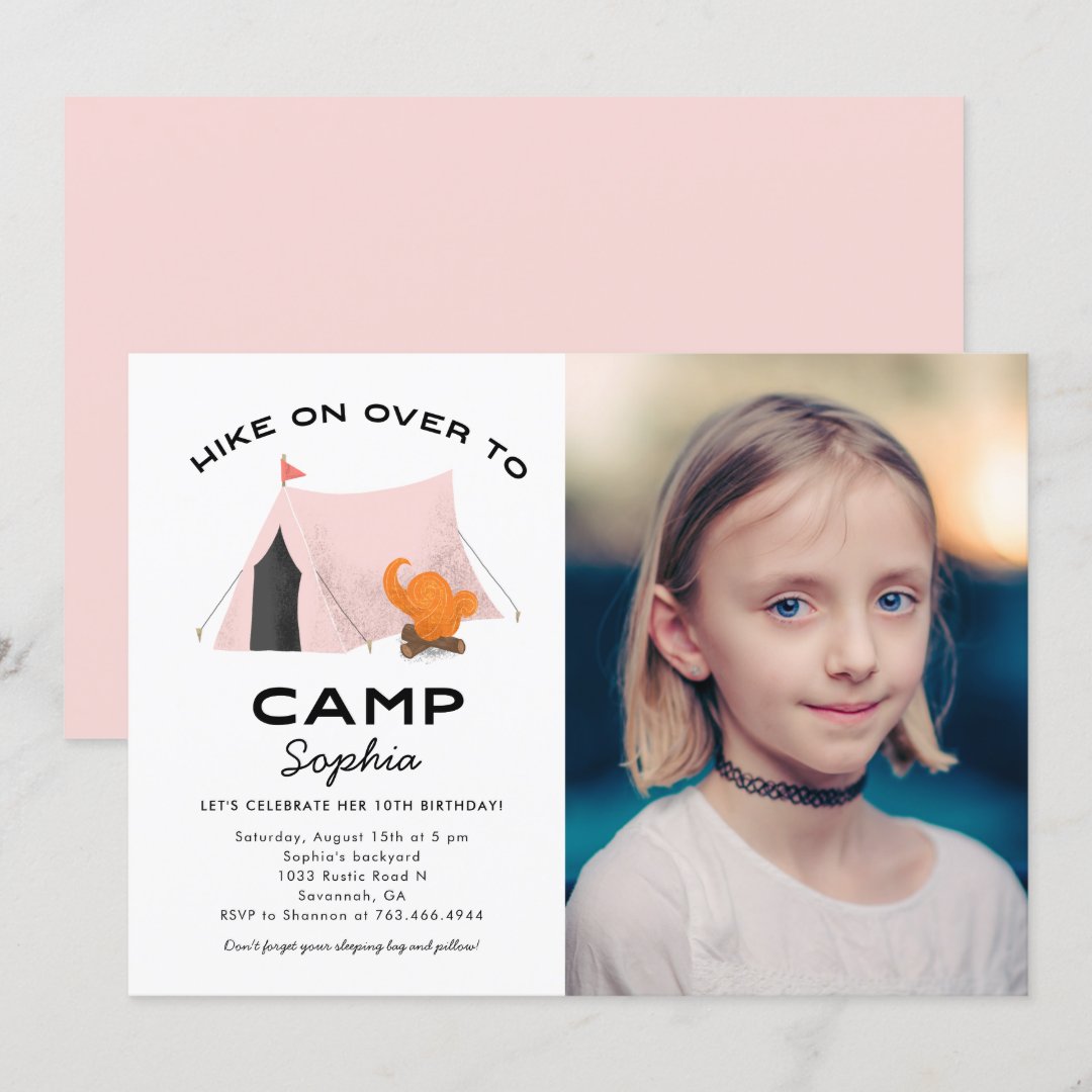 Camping Birthday Party Pink Tent Photo Invitation | Zazzle