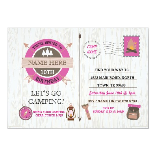 CAMPING Camp Out BIRTHDAY PARTY pink girls invite | Zazzle.com