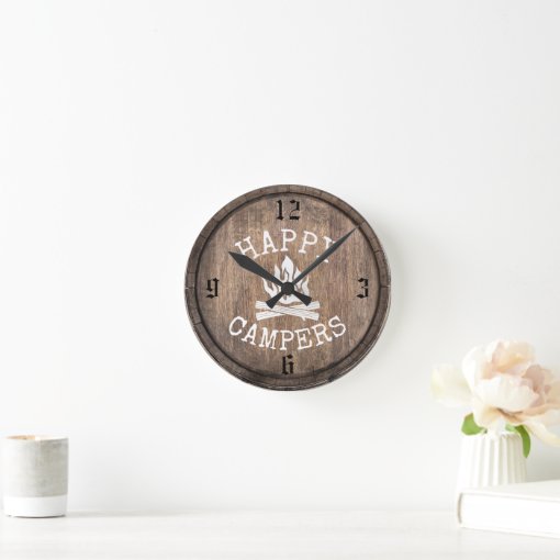 Camping Family Happy Campers Rustic Vintage Wood Round Clock | Zazzle