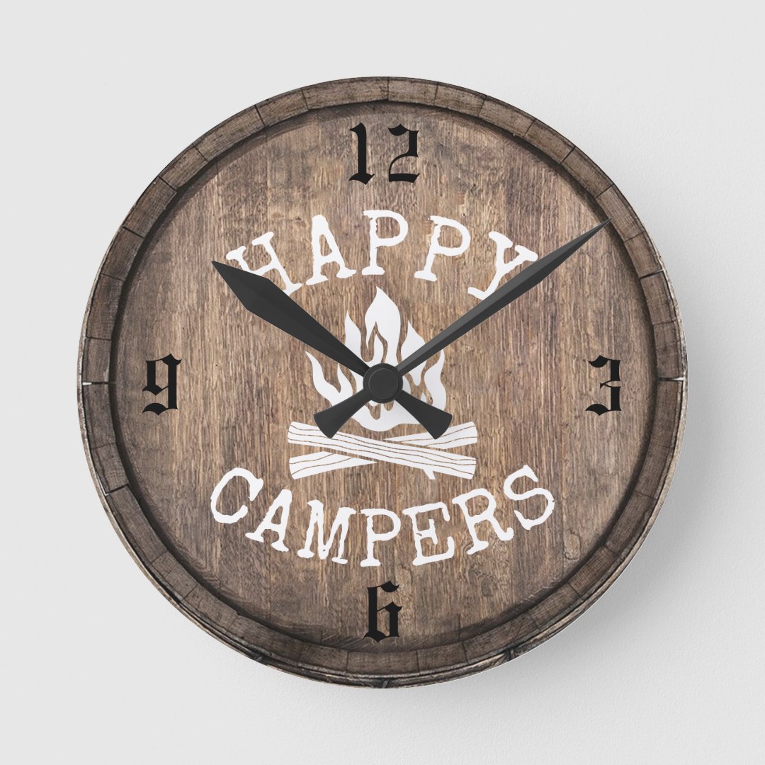 Camping Family Happy Campers Rustic Vintage Wood Round Clock | Zazzle