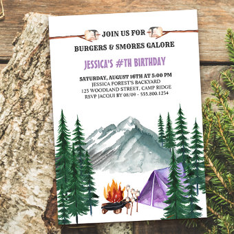 Camping Grill and Smores Camp Out Girl's Birthday Invitation | Zazzle