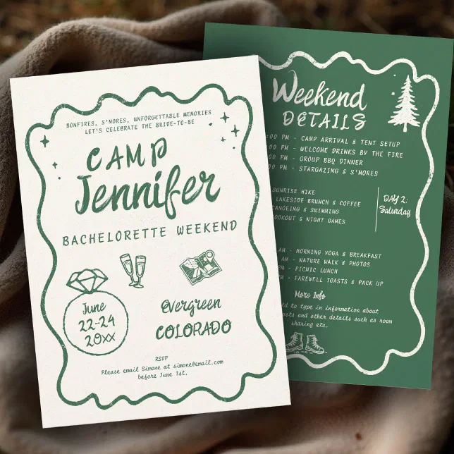 Camping Hand Drawn Green Bach Bachelorette Party Invitation | Zazzle