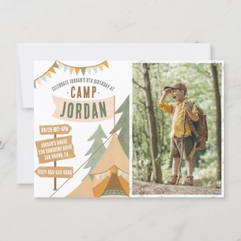Camping Outdoor Adventure Boy Birthday Party Photo Invitation | Zazzle