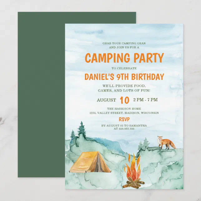 Camping Party Woodland Watercolor Tent Birthday Invitation | Zazzle