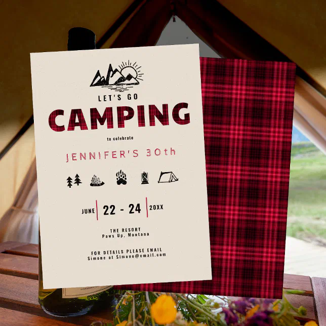 Camping Red Plaid Outdoors 30th Birthday Party Invitation | Zazzle