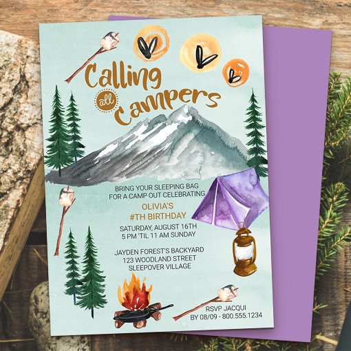 Camping Scene Calling All Campers Girls Birthday Invitation | Zazzle