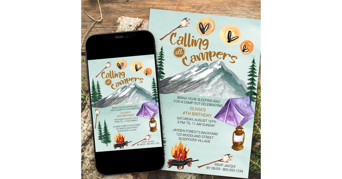 Camping Scene Calling All Campers Girls Birthday Invitation | Zazzle
