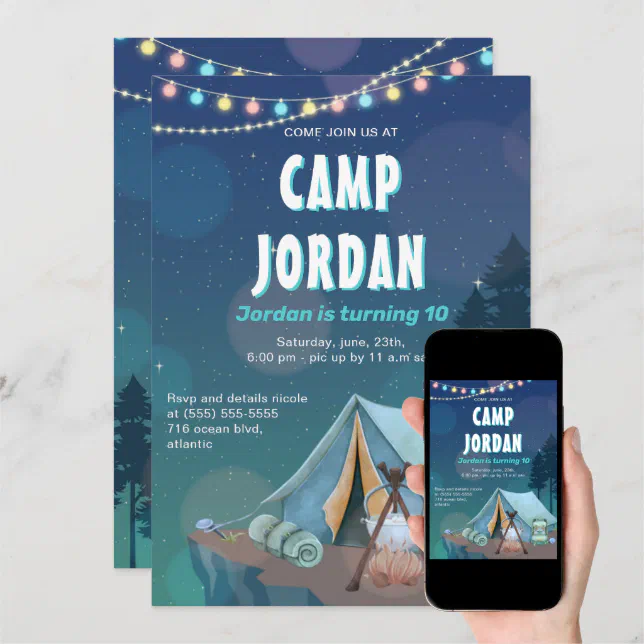 Camping Tent Bonfire Boy Birthday Invitation | Zazzle